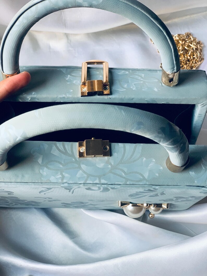 Pastel Blue Floral Box Handbag: Pearl Cat Charm, Detachable Gold Chain ...
