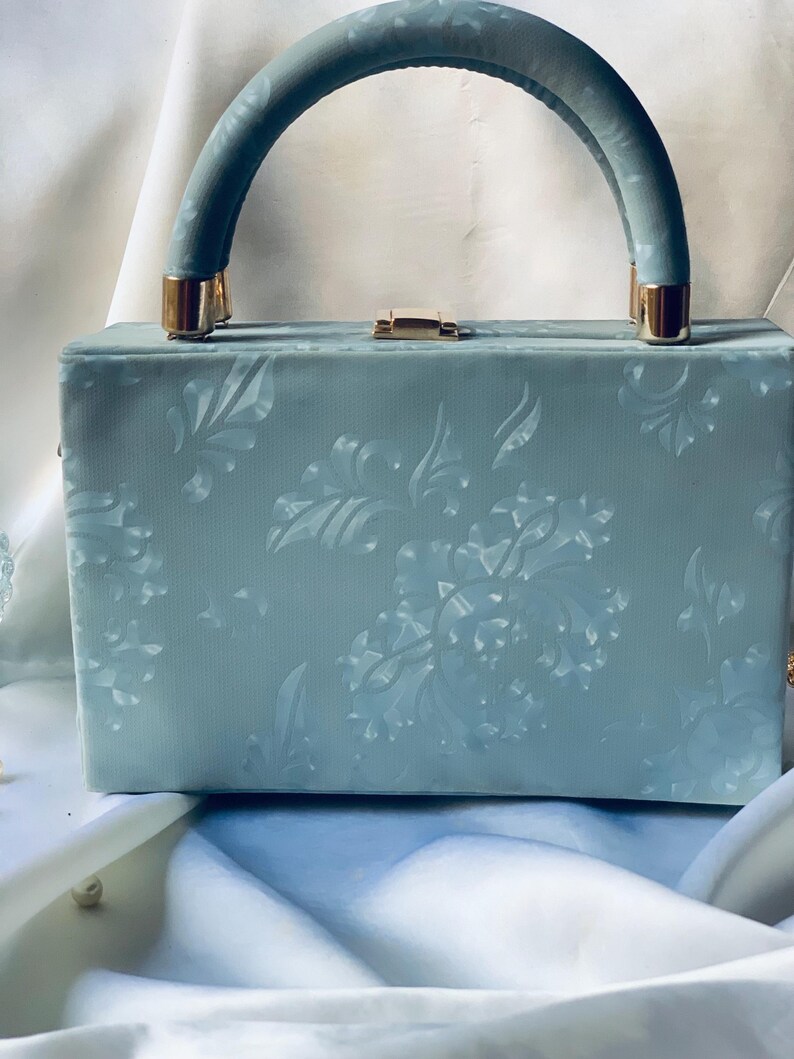 Pastel Blue Floral Box Handbag: Pearl Cat Charm, Detachable Gold Chain ...