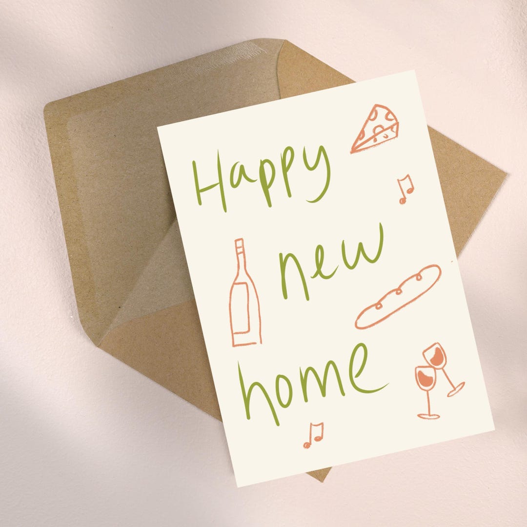 Happy New Home - Moving Greeting Card Wine Cheese Modern Hand Drawn - Etsy