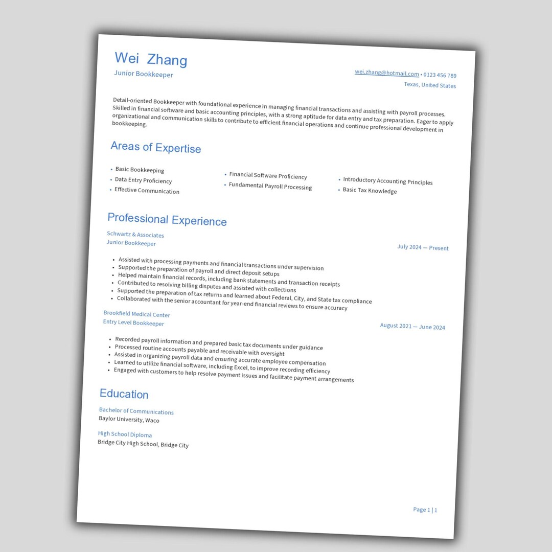 Junior Bookkeeper Resume Template | Entry-level CV | Editable Word ...
