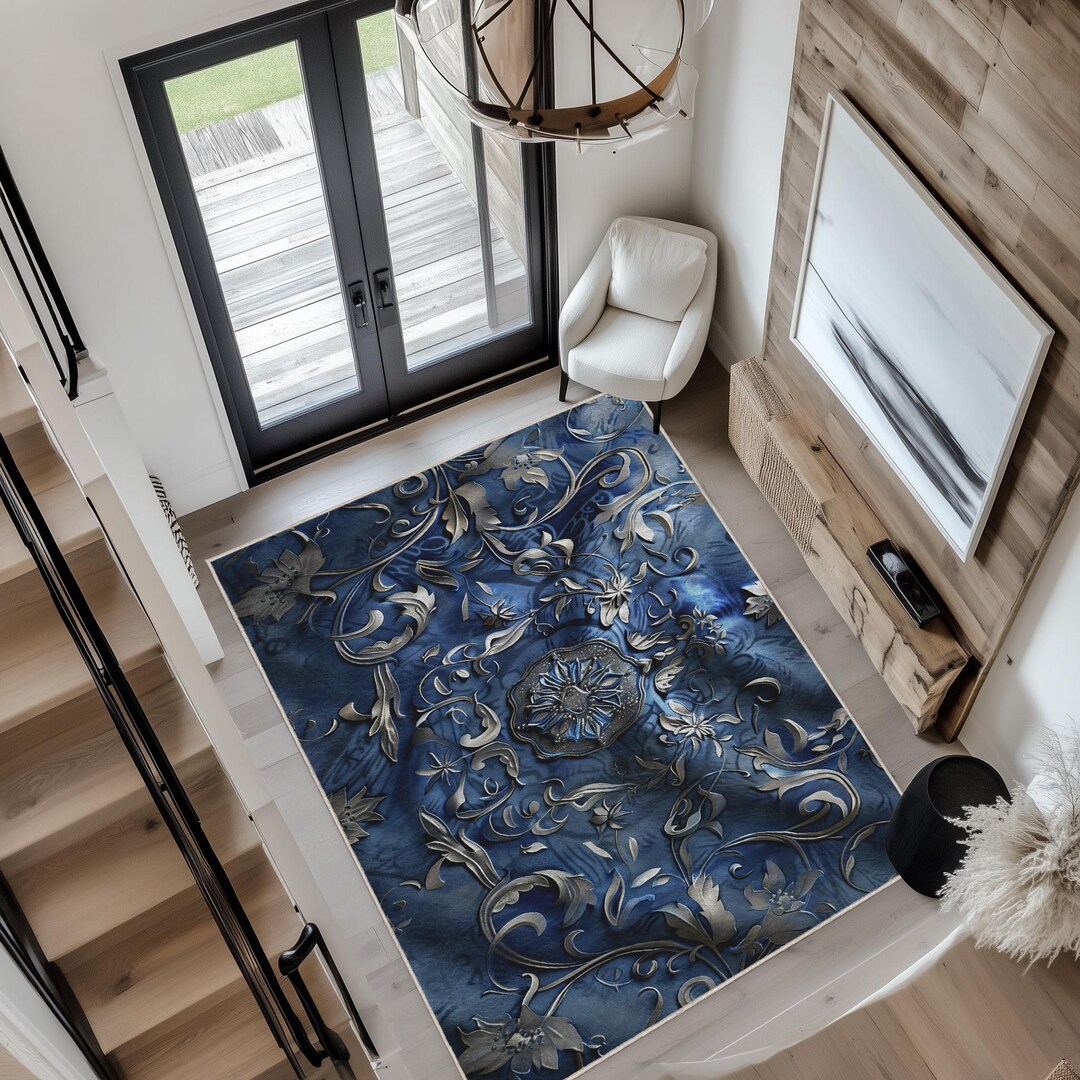 Energy Patterned Carpet With Blue Colors, Medieval Fantasy Rug, Dark ...