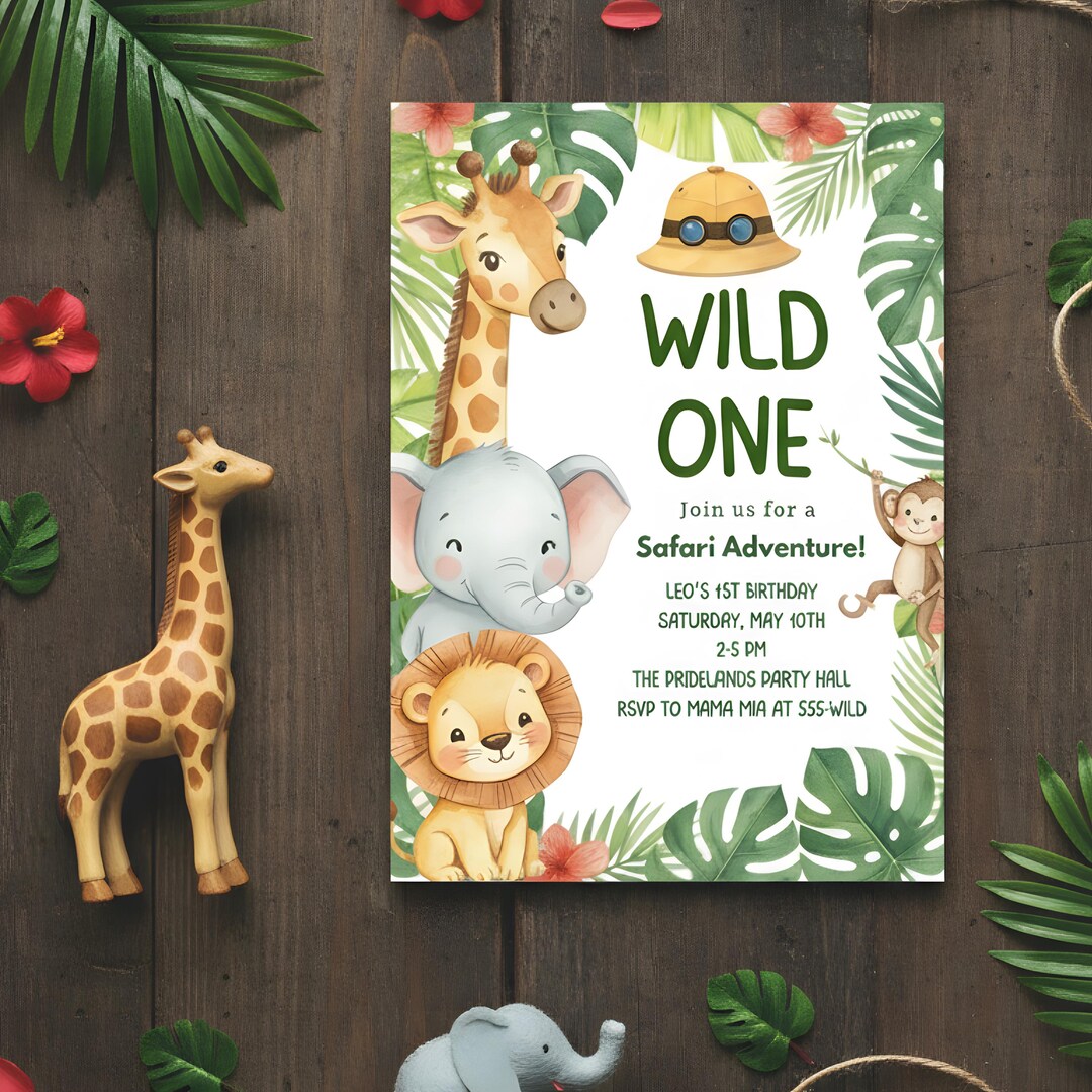 Editable Safari First Birthday Invitation, Wild One Birthday Digital ...