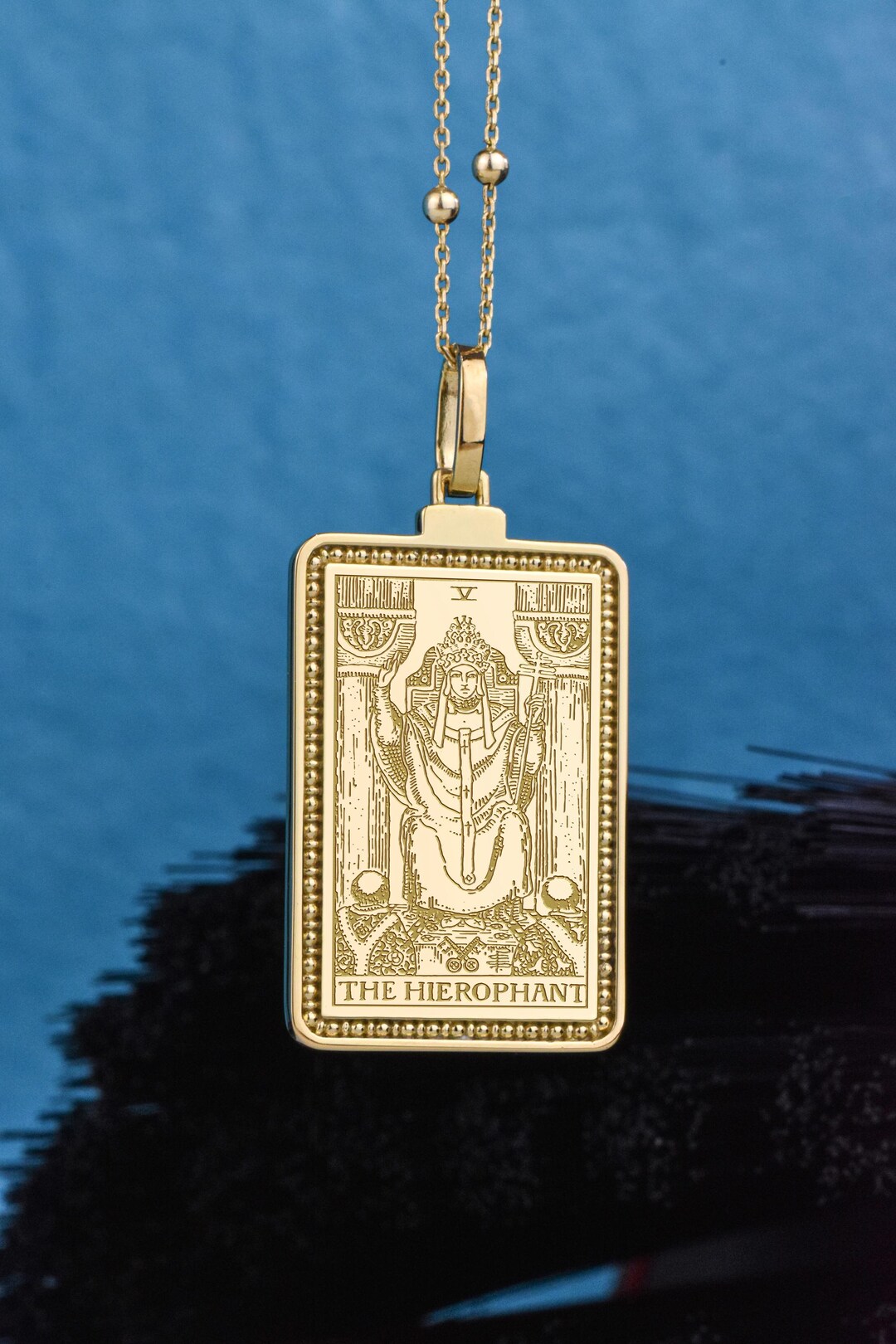 14K Gold Hierophant Tarot Card Necklace, Engraved Trionfi Amulet ...