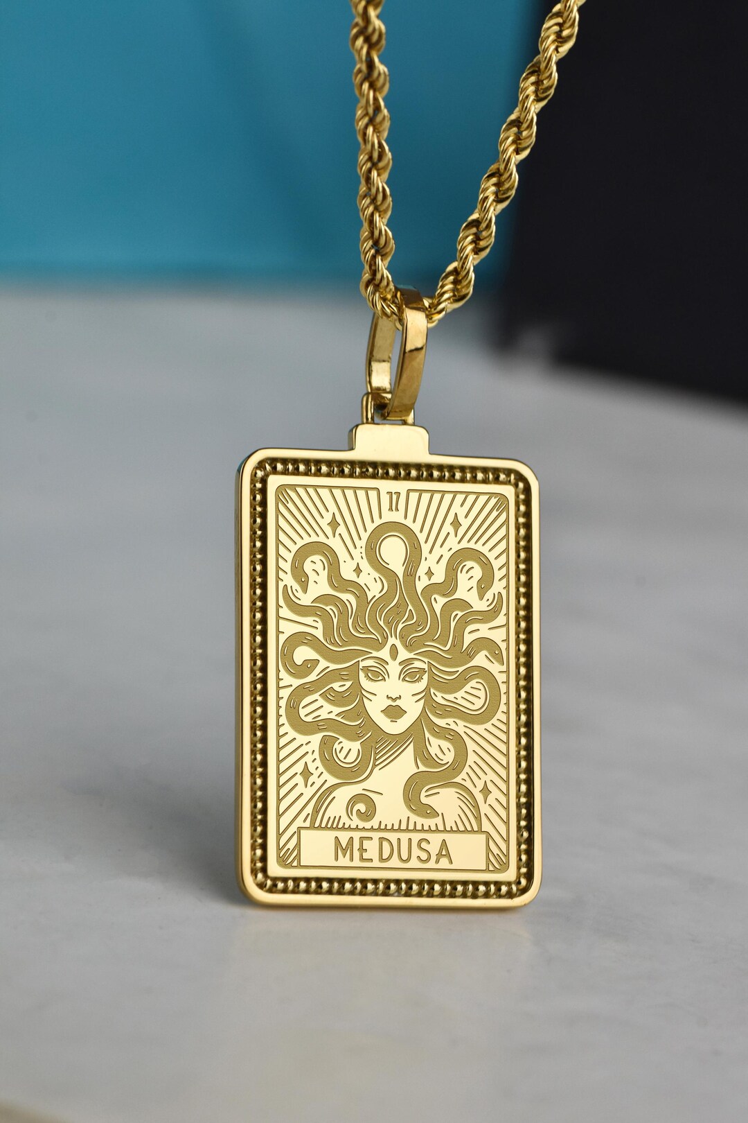 14K Gold Medusa Necklace, Dainty Greek Mythology Jewelry, Engraved ...