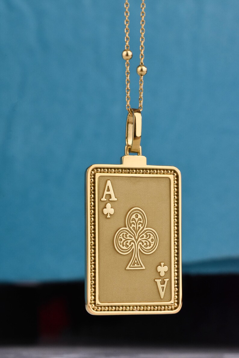 14K Gold Ace of Clubs Necklace, Poker Card Pendant, Baccarat Amulet ...