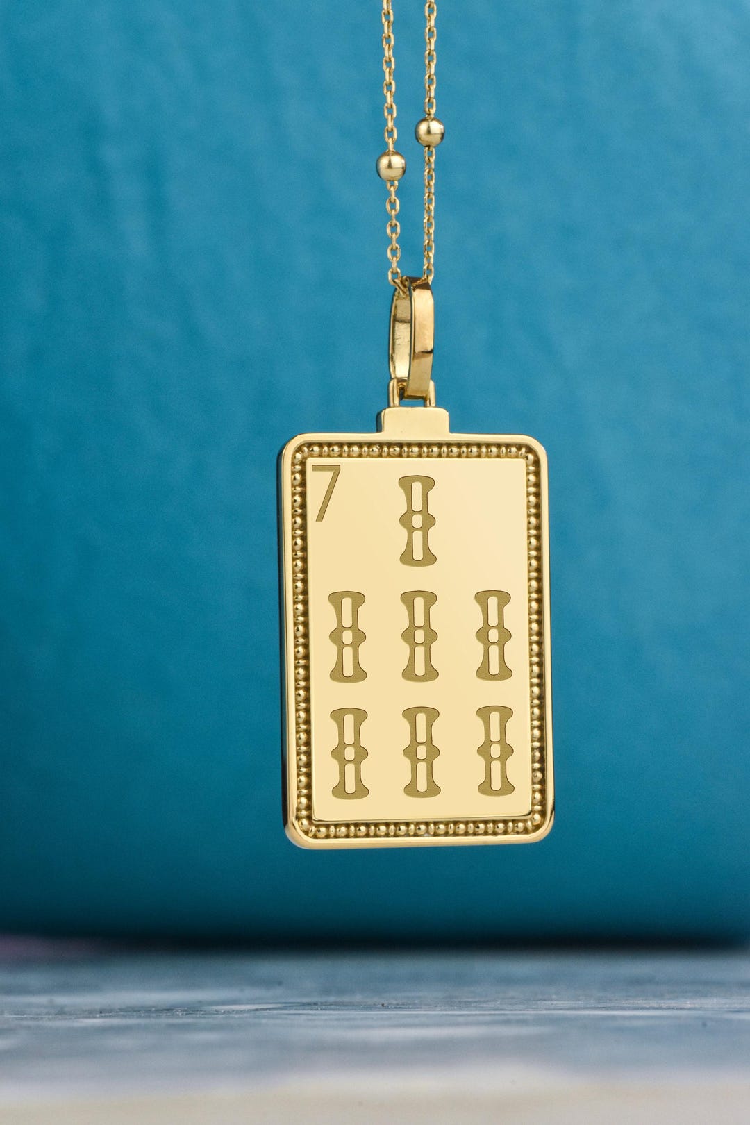14K Gold Seven of Bamboo Mahjong Tile Necklace, Personalized Tabletop ...