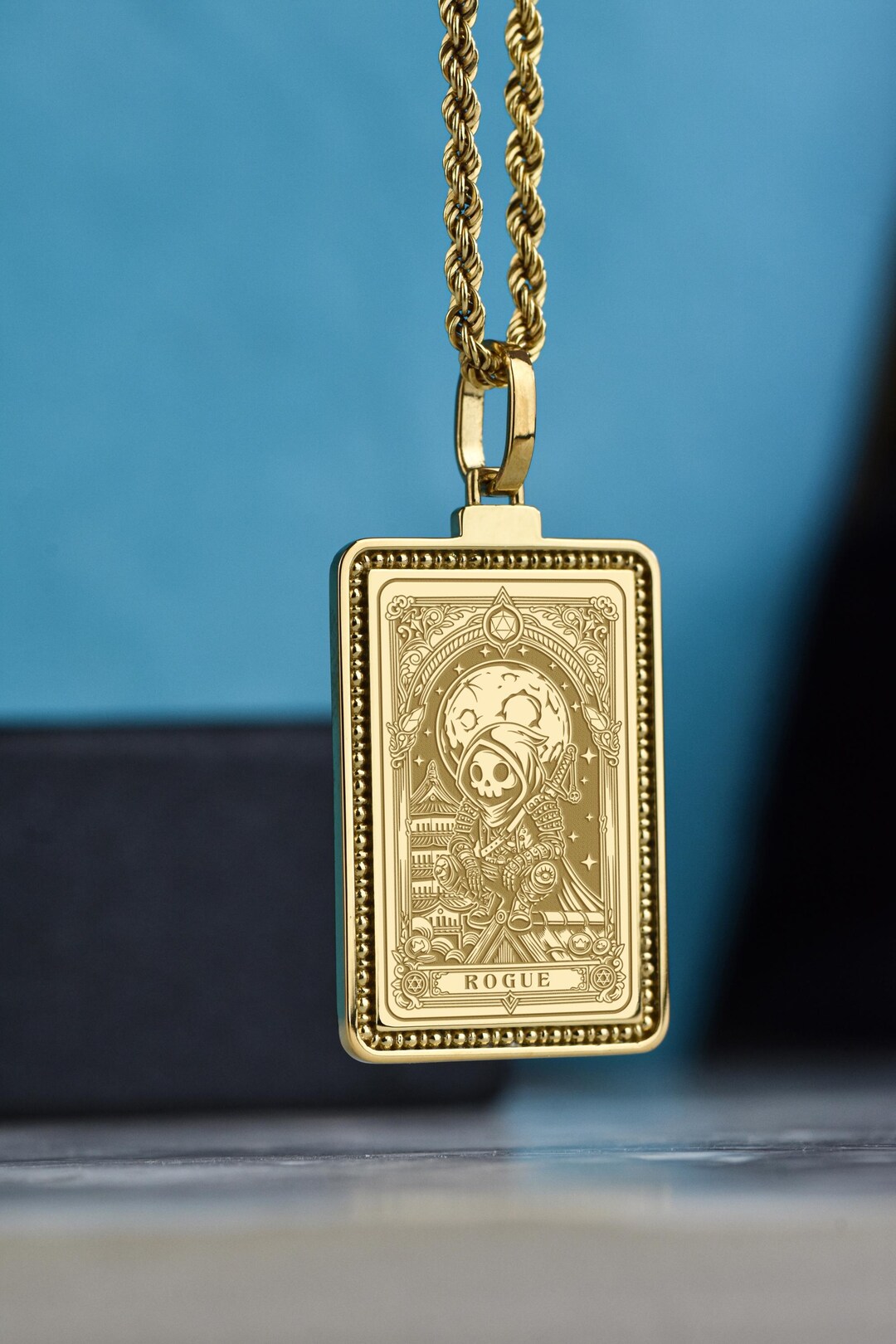 14K Gold Rogue Necklace, Personalized Fantasy Class Pendant, Engraved ...