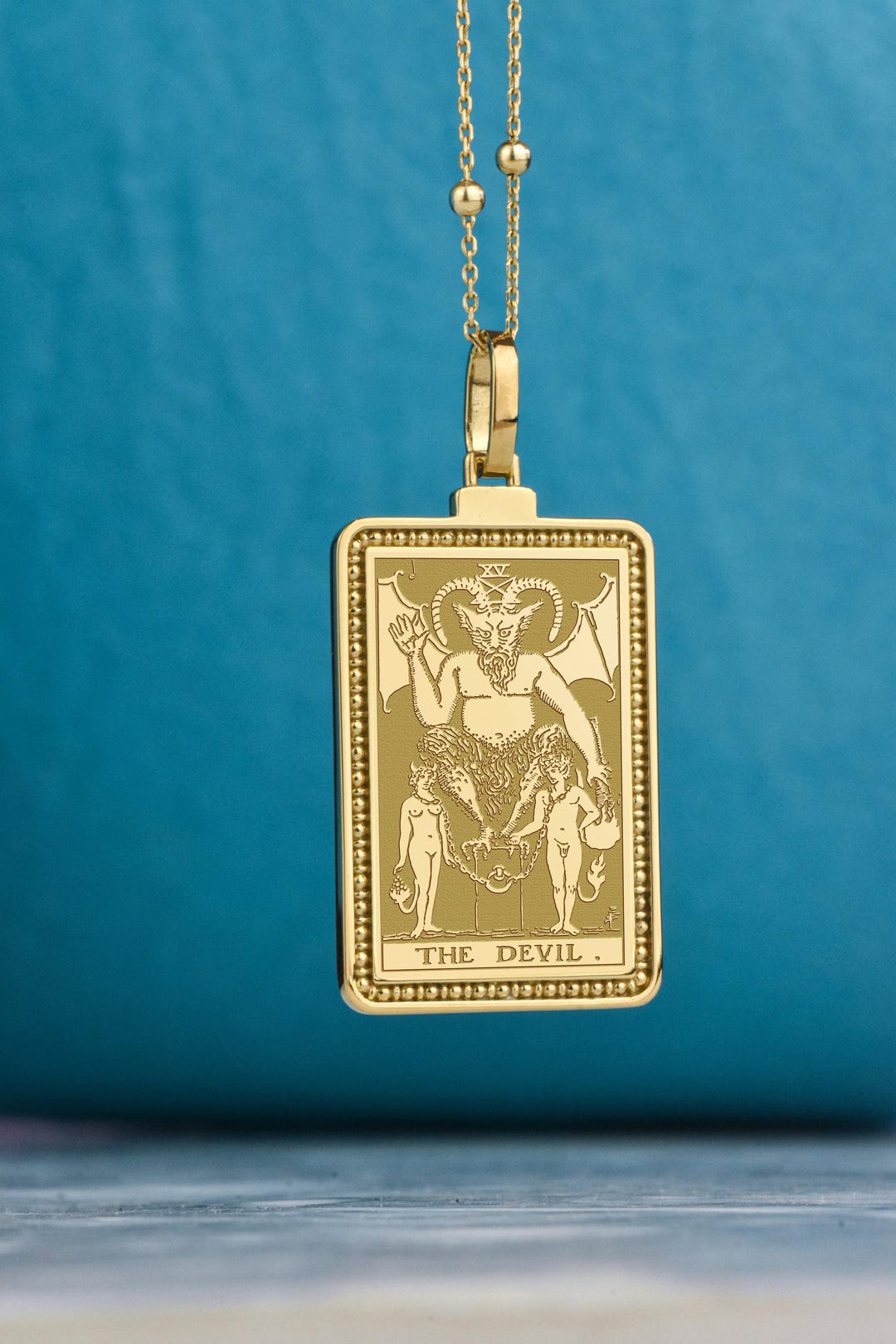 14K Gold Devil Tarot Card Necklace, Custom Lucifer Amulet, Engraved ...