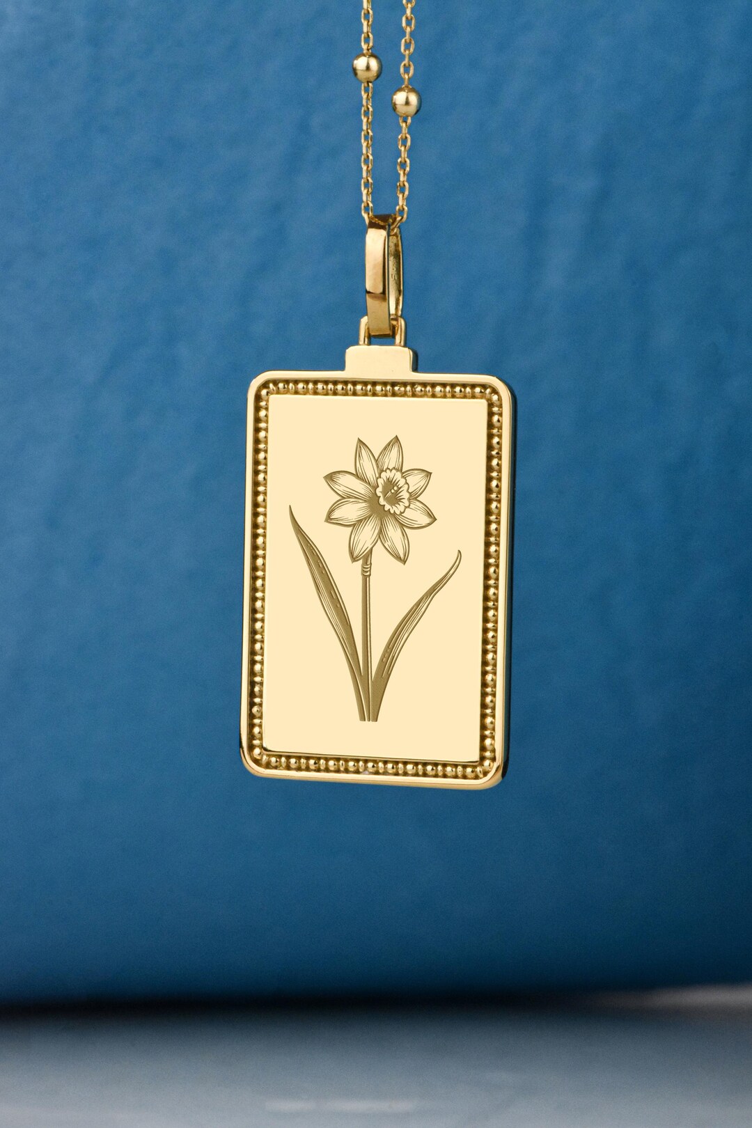 14K Gold Daffodil Necklace, March Birth Flower Talisman, Engraved ...