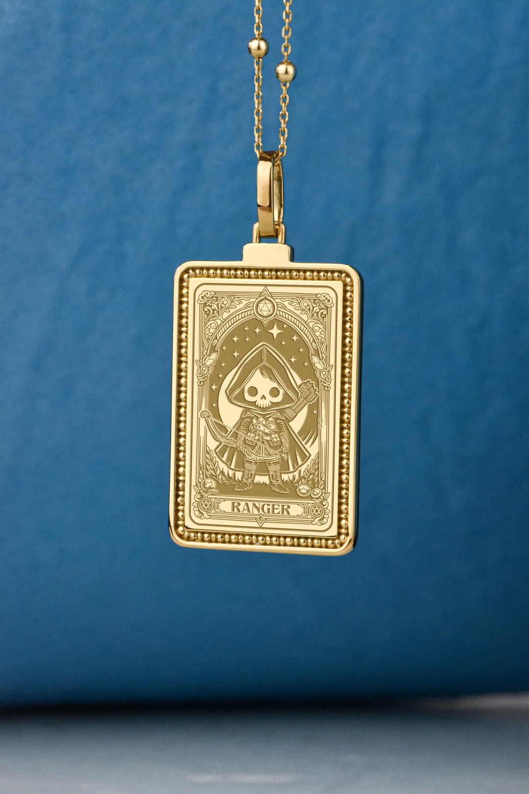 14K Gold Ranger Necklace, Engraved TTRPG Jewelry, Fantasy Archer Amulet ...