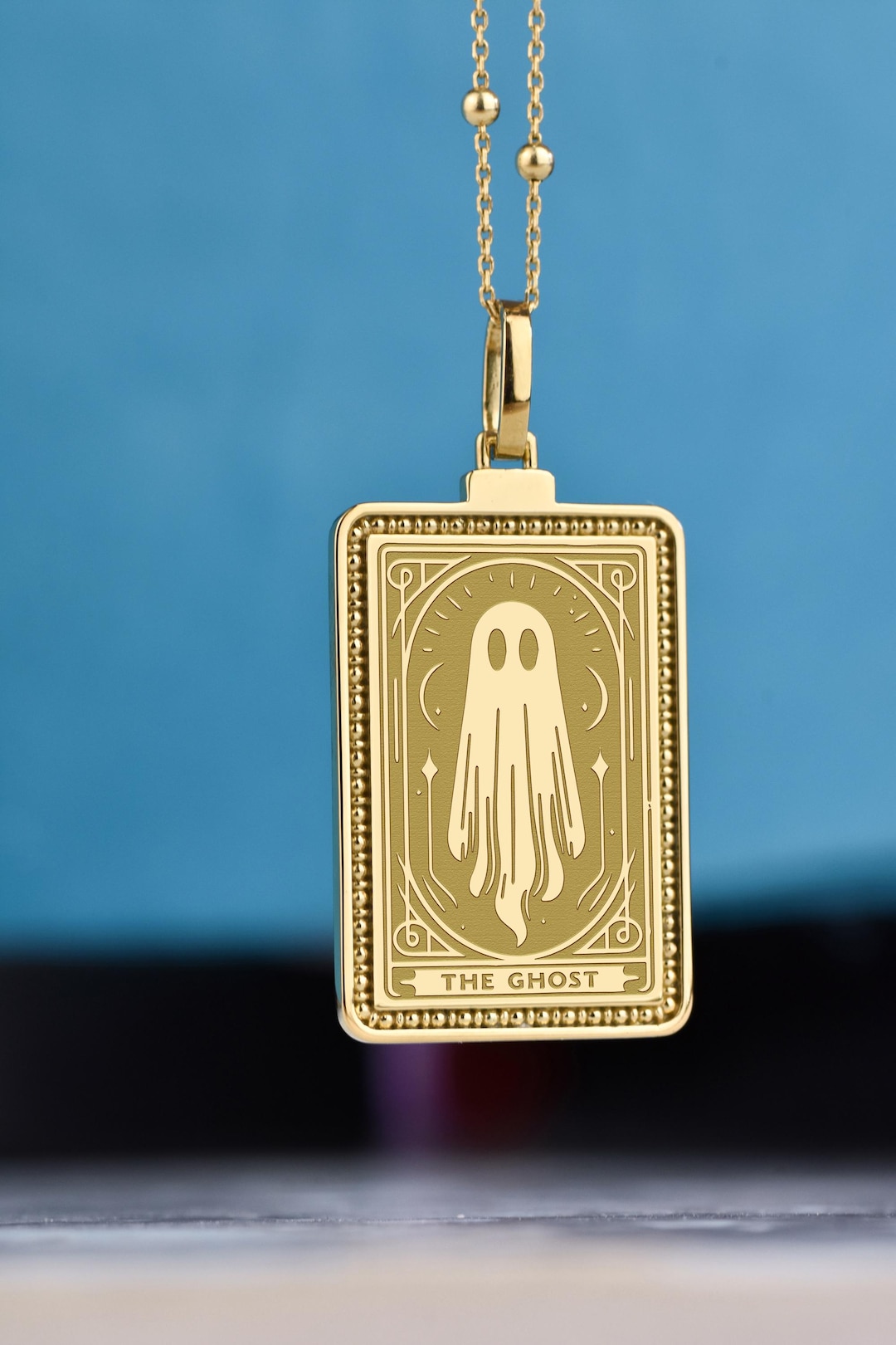 14K Gold the Ghost Necklace, Dainty Spooky Amulet, Engraved Paranormal ...