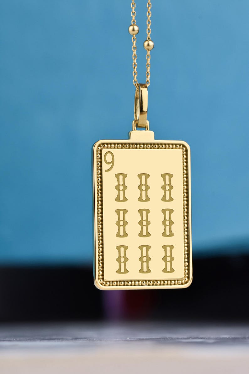 14K Gold Nine of Bamboo Mahjong Tile Necklace, Chinese Solitaire Amulet ...