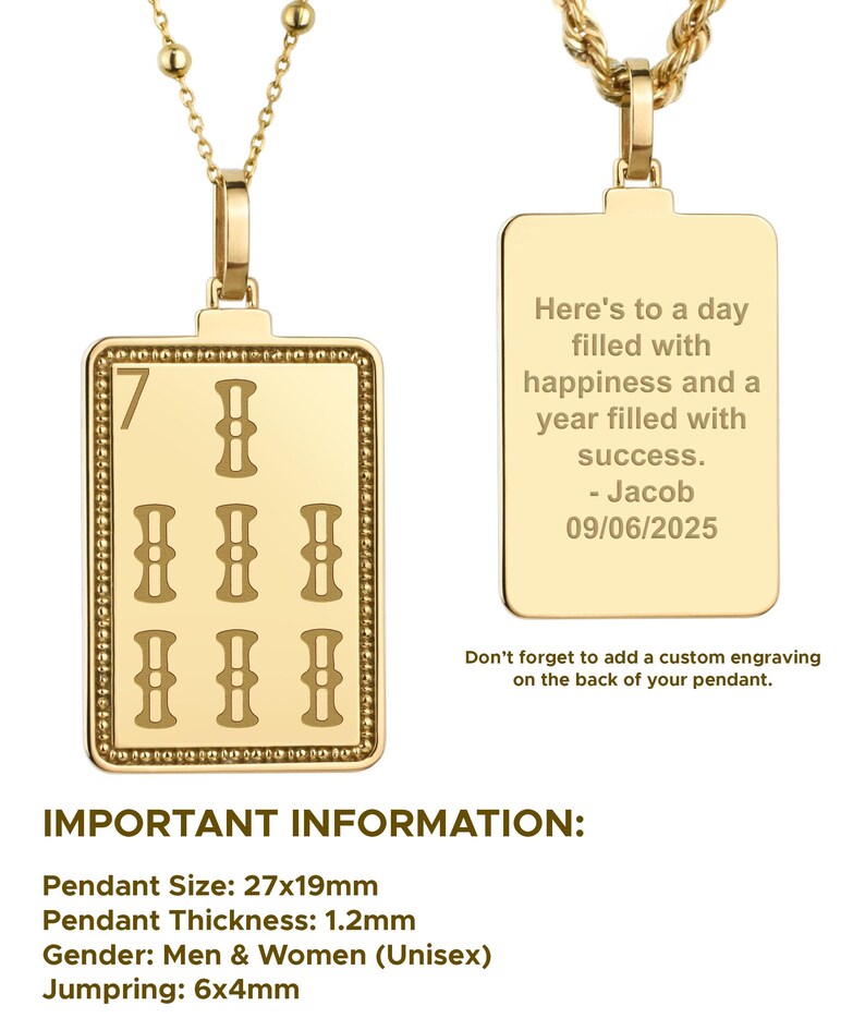 14K Gold Seven of Bamboo Mahjong Tile Necklace, Personalized Tabletop ...