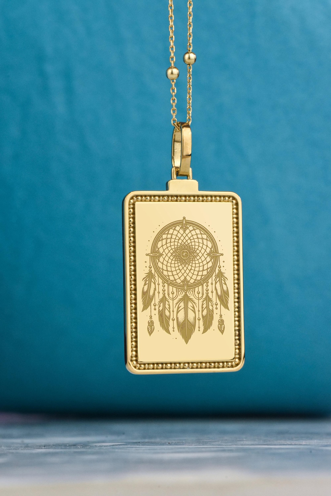 14K Gold Dreamcatcher Necklace, Engraved Native American Amulet, Custom ...