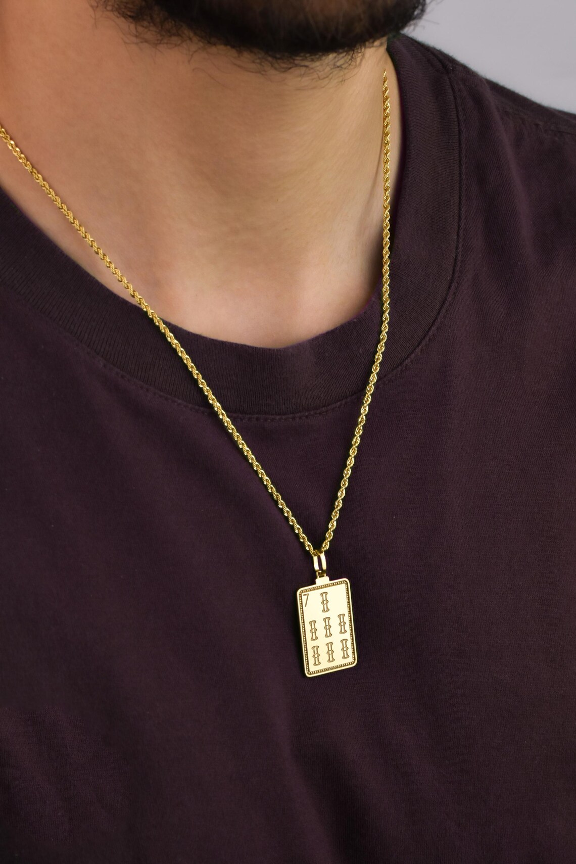14K Gold Seven of Bamboo Mahjong Tile Necklace, Personalized Tabletop ...