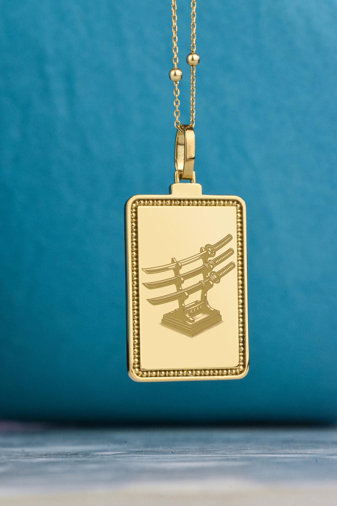 14K Gold Katana Necklace, Samurai Amulet, Engraved Sengoku Jewelry ...