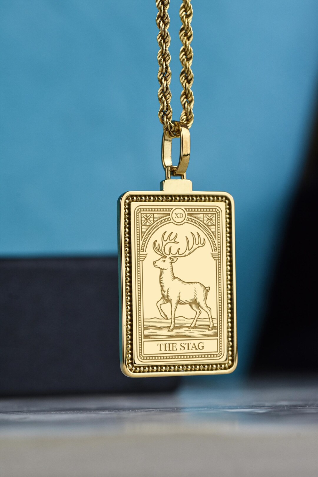 14K Gold Stag Necklace, Engraved Deer Talisman, Forest Animal Jewelry ...