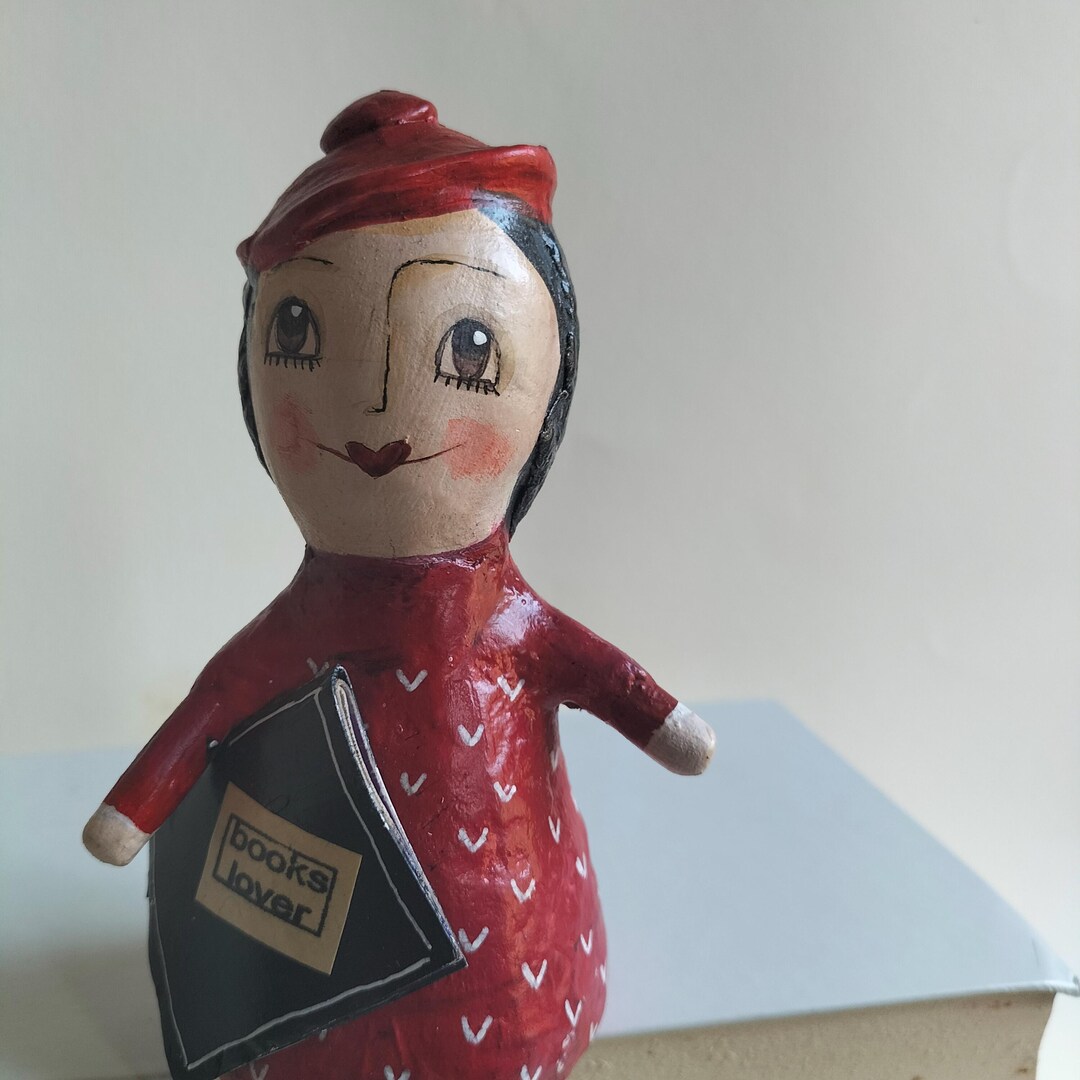 Papier-mâché Figurine of a Little Reader | Reading Figurine Resting on ...