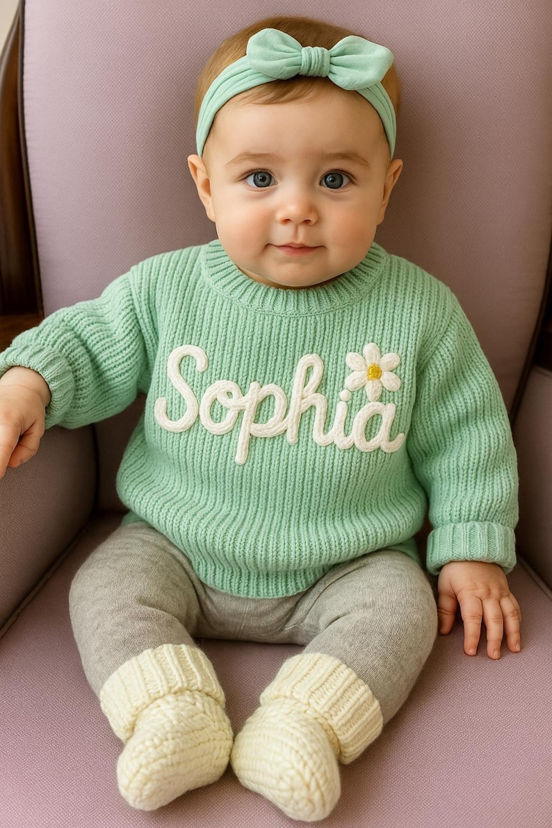 Personalized Baby Name Sweater, Custom Hand Embroidered Knitted Sweater ...
