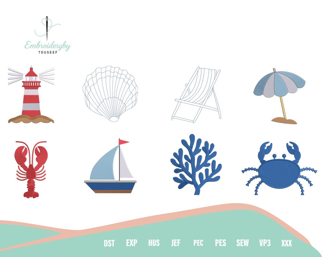 Coastal Machine Embroidery Design Set, 8 Tiny Chinoiserie Blue & White ...