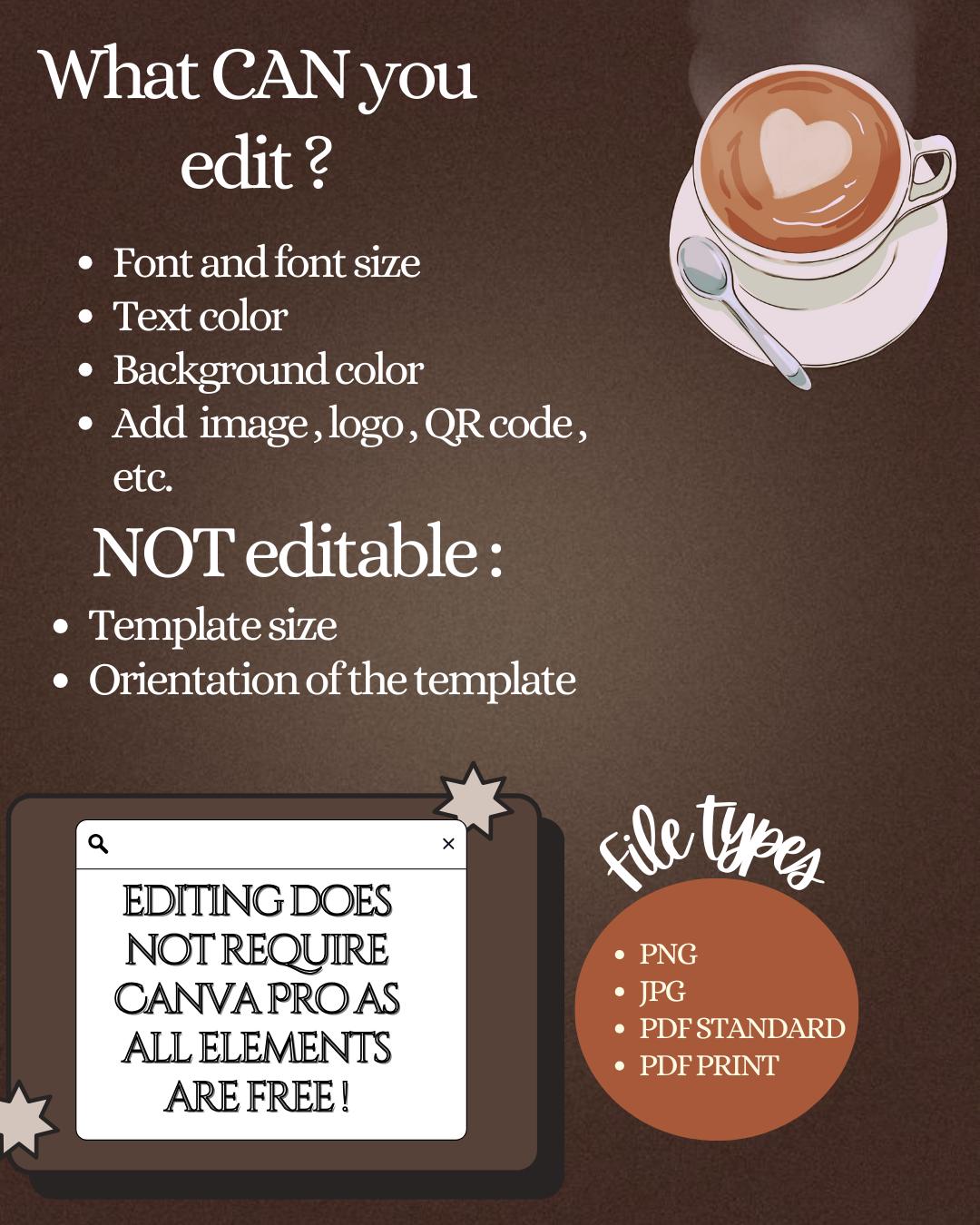 Cafe Menu , Coffee Menu , Brown , Aesthetic Template - Etsy