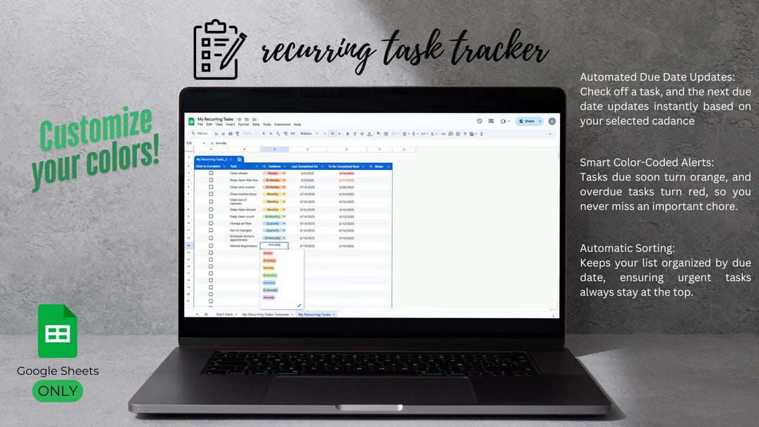 Recurring Task Tracker for Google Sheets - Instant Download - Etsy