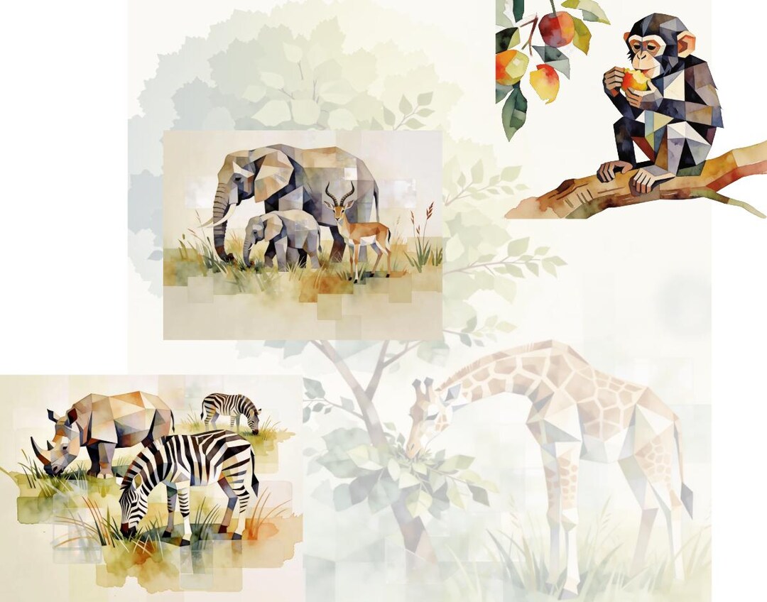 Cubism Style. 16 African Animal Clipart, Elephant, Zebra, Hippo Images ...