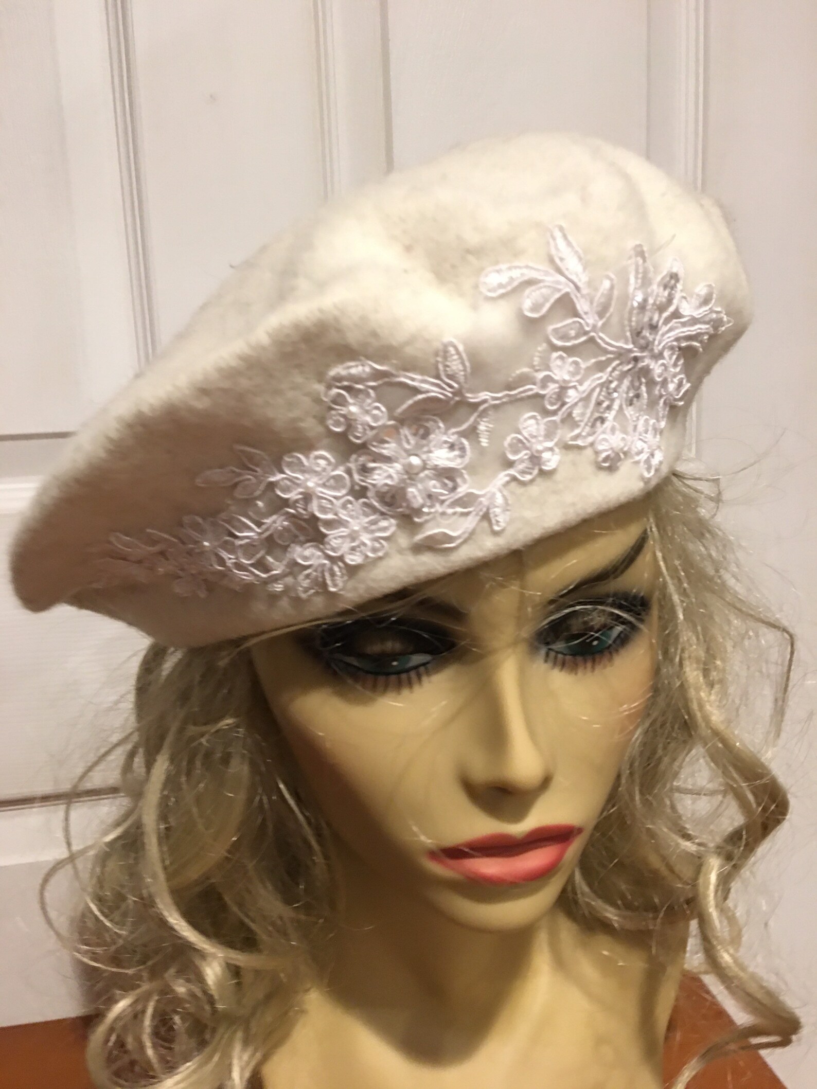 White Beret With A White Applique....bead Accents - Etsy