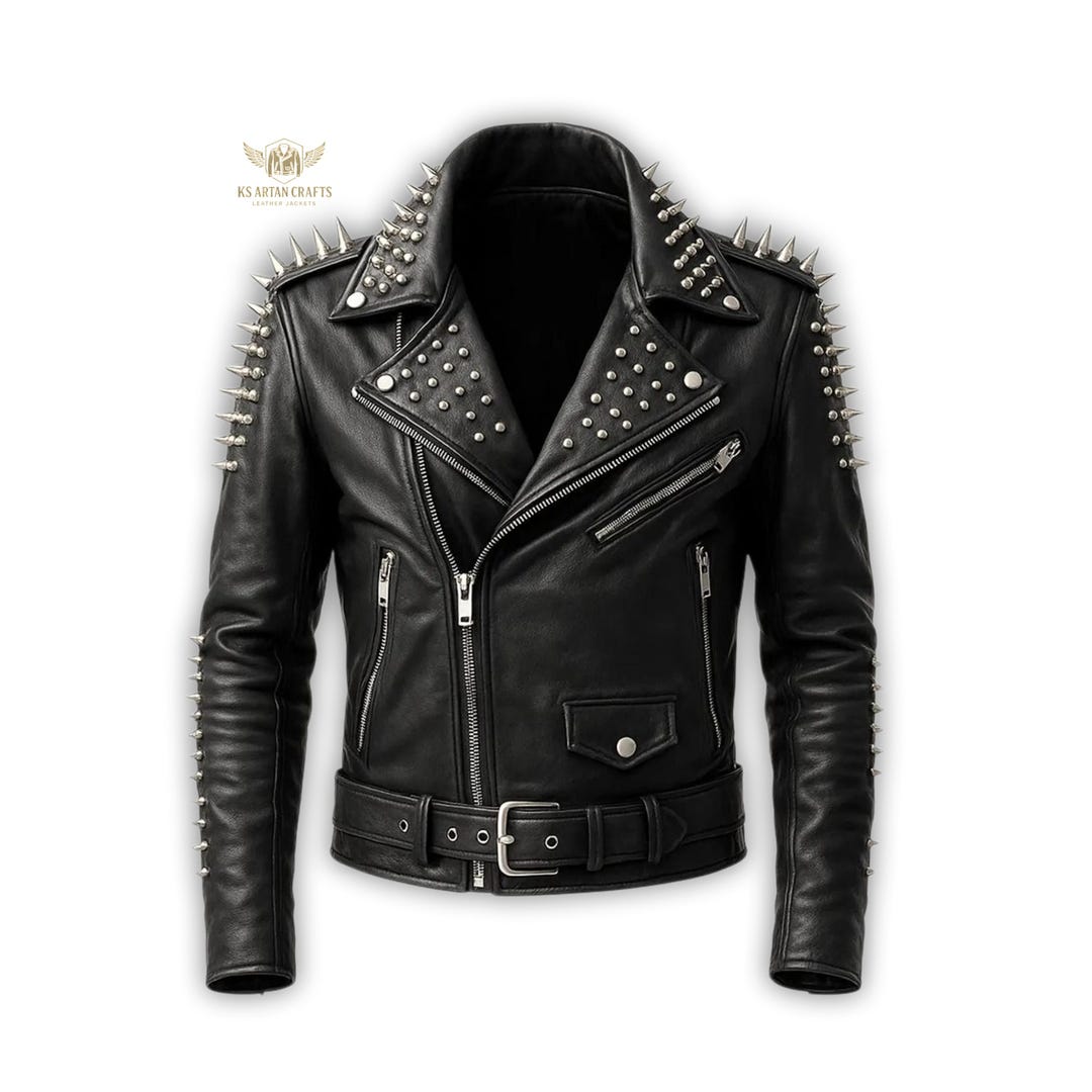 Black Studded Spike Leather Biker Jacket | Punk Rock Moto Jacket ...