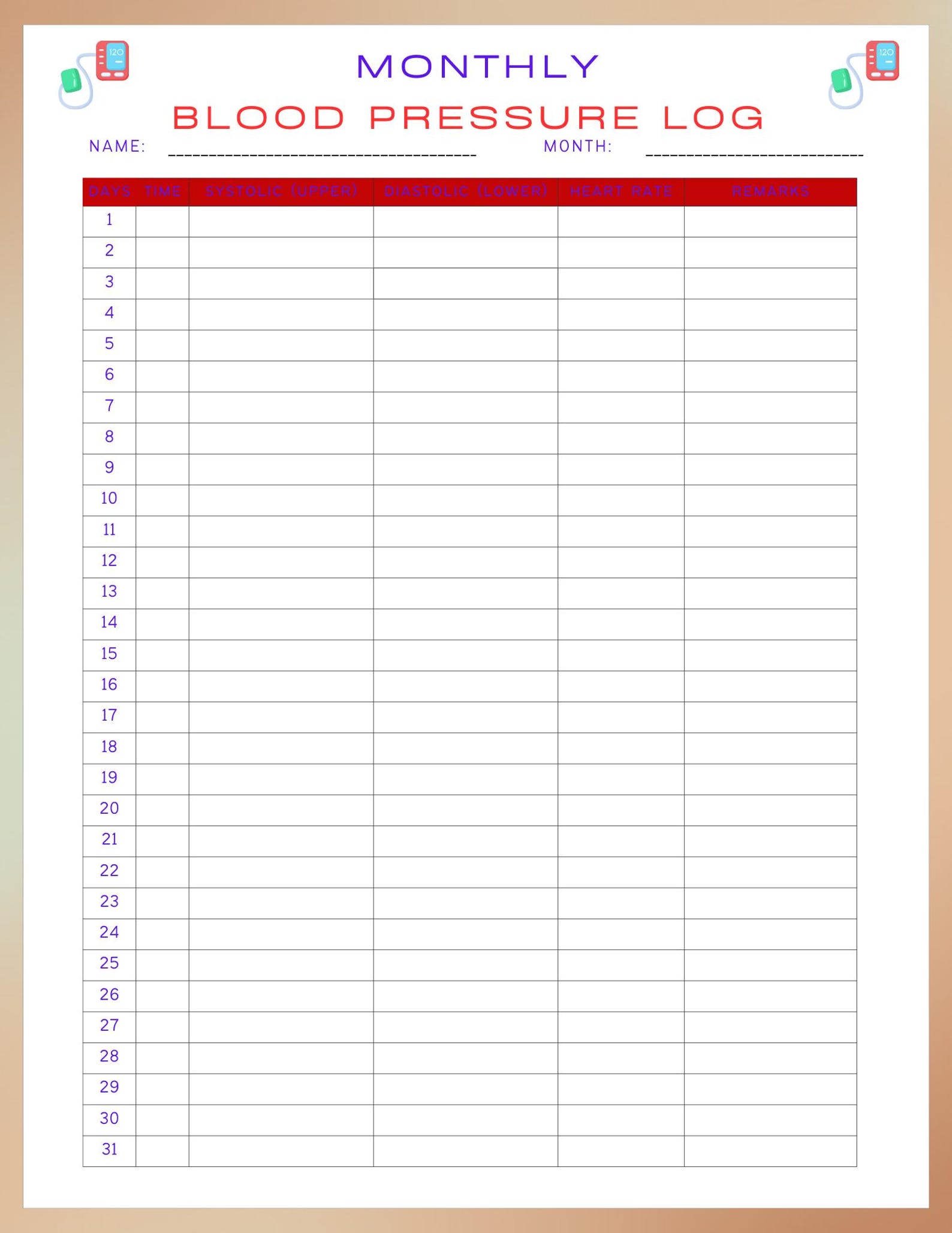 Printable Blood Pressure Log Daily Tracker Chart PDF Excel Health ...