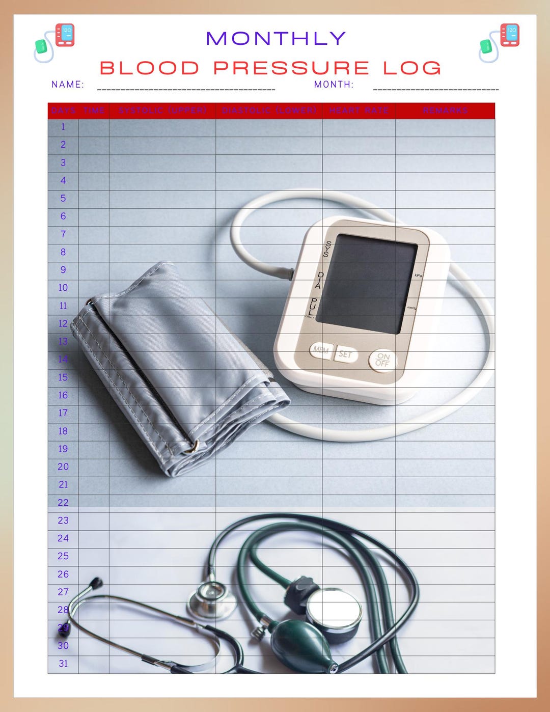 Printable Blood Pressure Log Daily Tracker Chart PDF Excel Health ...