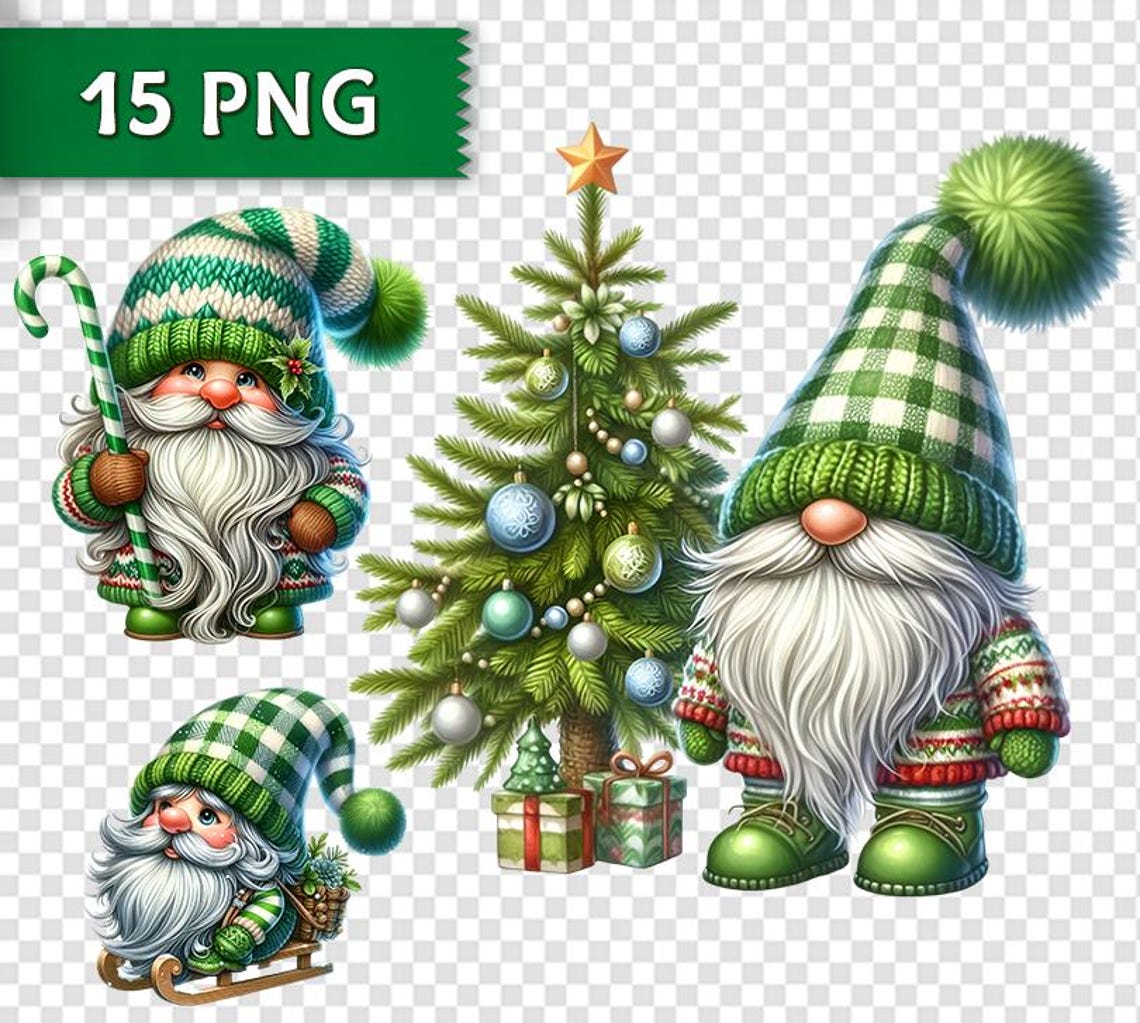 Christmas Gnomes Clipart Set – 15 PNG Images, Green Holiday Gnome ...