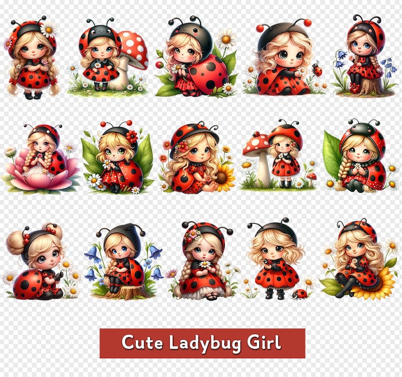 Ladybug Girl Clipart Bundle - 15 PNG Spring Illustrations, Floral ...