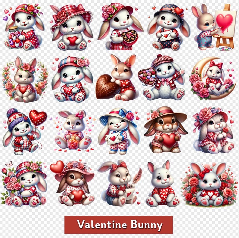 Valentine Bunny Clipart Bundle - 100 Rabbit PNG, Valentine’s Day ...
