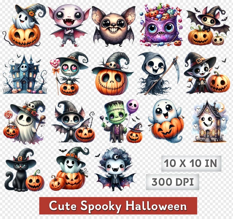 Spooky Halloween Clipart Bundle - 42 PNG Images, Kawaii Adorable ...