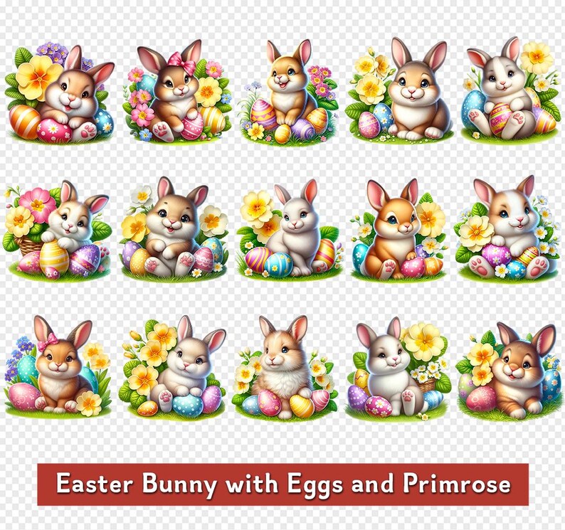 Easter Bunny Primrose Clipart Bundle - 15 PNG Stickers, Spring Rabbits ...