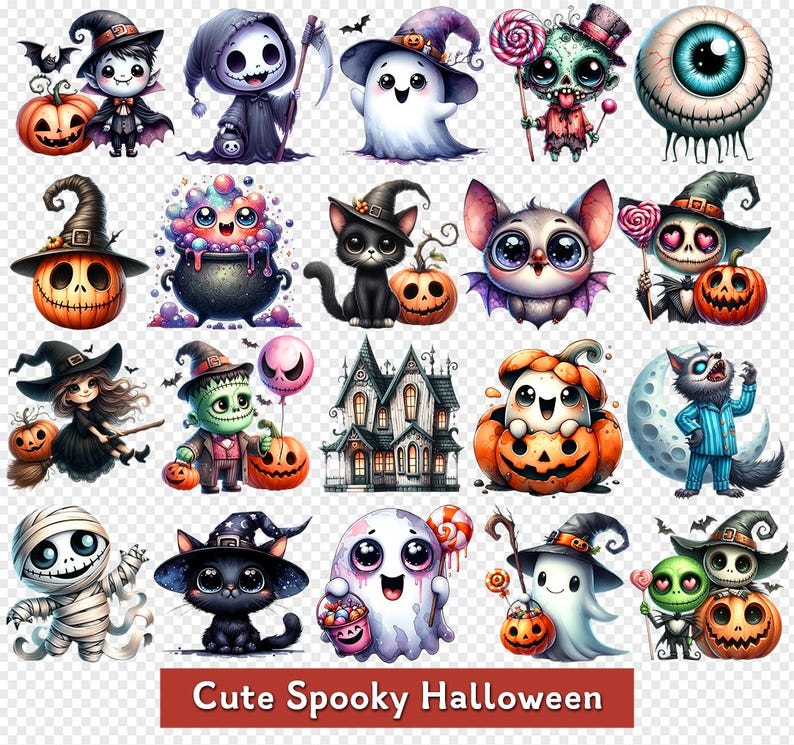 Spooky Halloween Clipart Bundle - 42 PNG Images, Kawaii Adorable ...