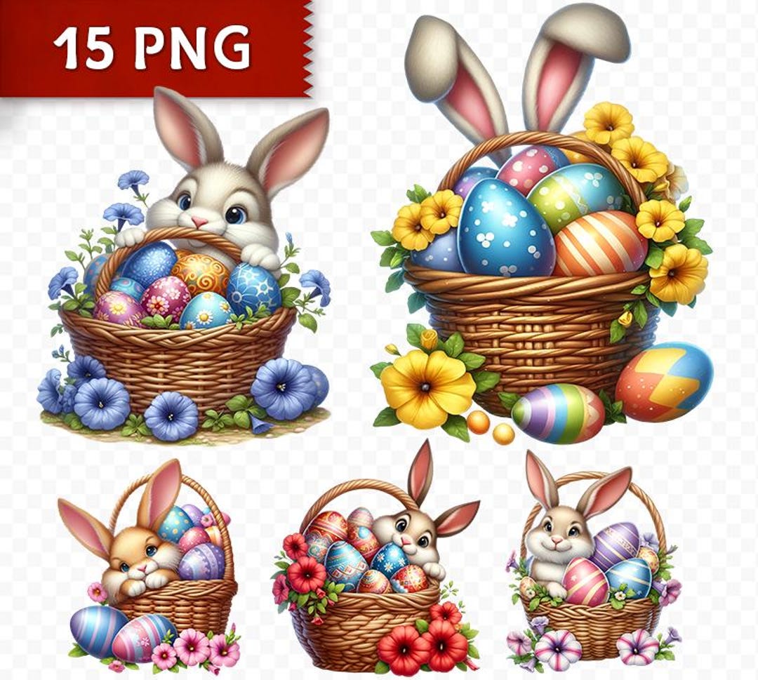 Easter Bunny Clipart Bundle – Baskets, Eggs, Petunia Flowers (15 PNG ...