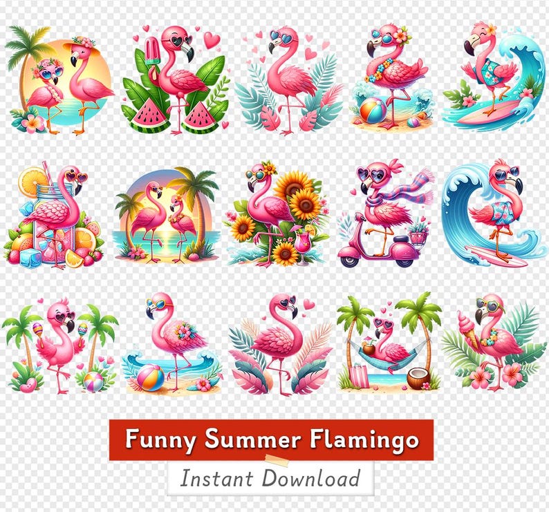 Funny Flamingo Clipart: Tropical Summer Pngs for Crafts (digital ...