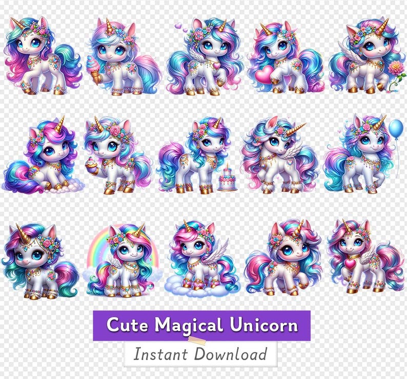 Cute Magical Unicorn Clipart Set, 15 Whimsical Unicornс Transparent ...