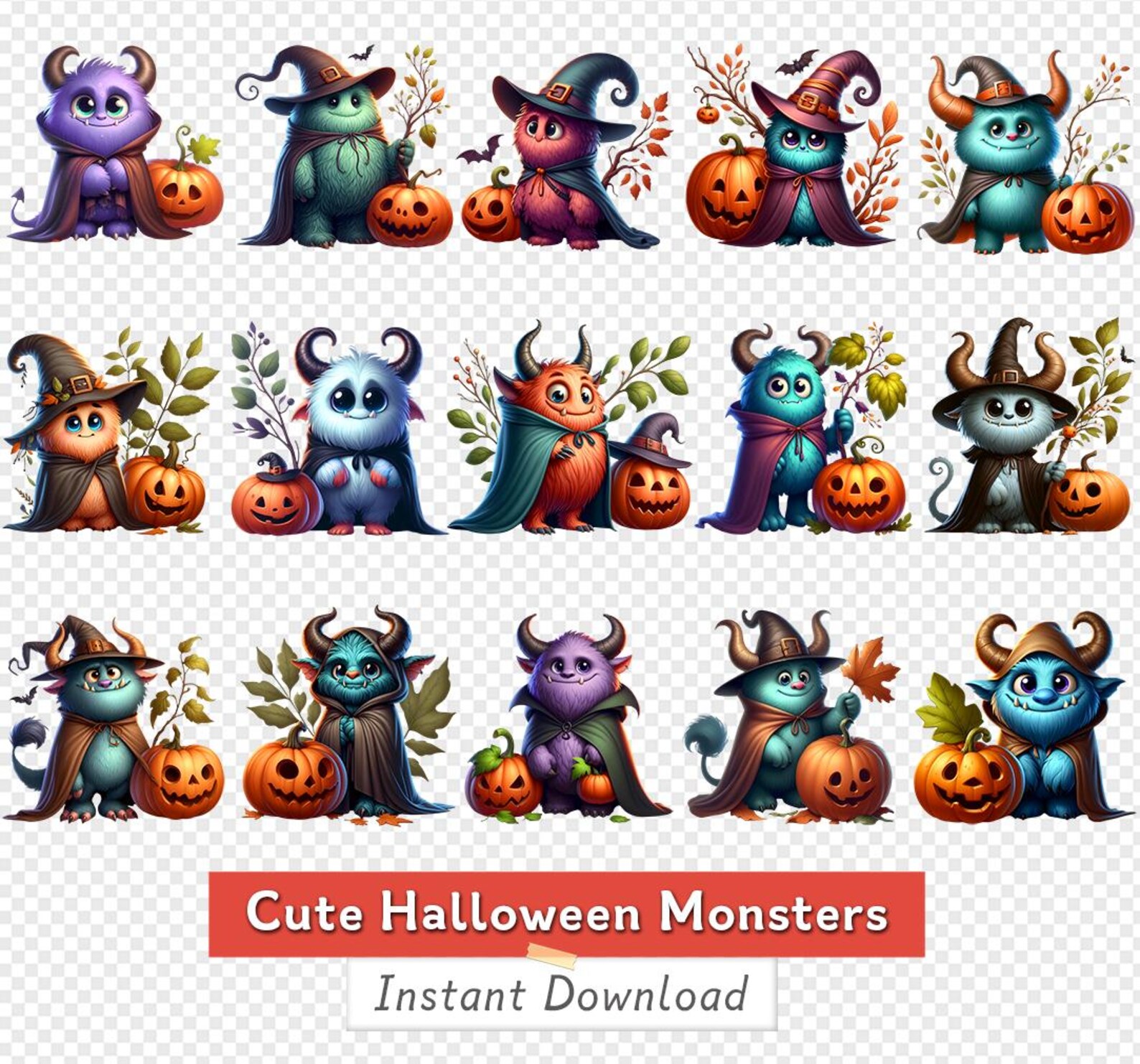 Cute Halloween Monsters Clipart Bundle | 15 PNG Images With Transparent ...