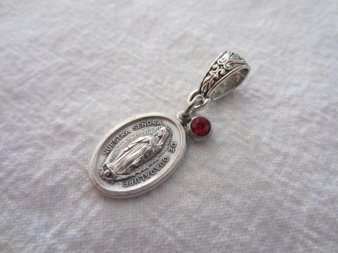 SPANISH Our Lady Guadalupe Medal & Glass Charm Pendant, Patron Mexico ...