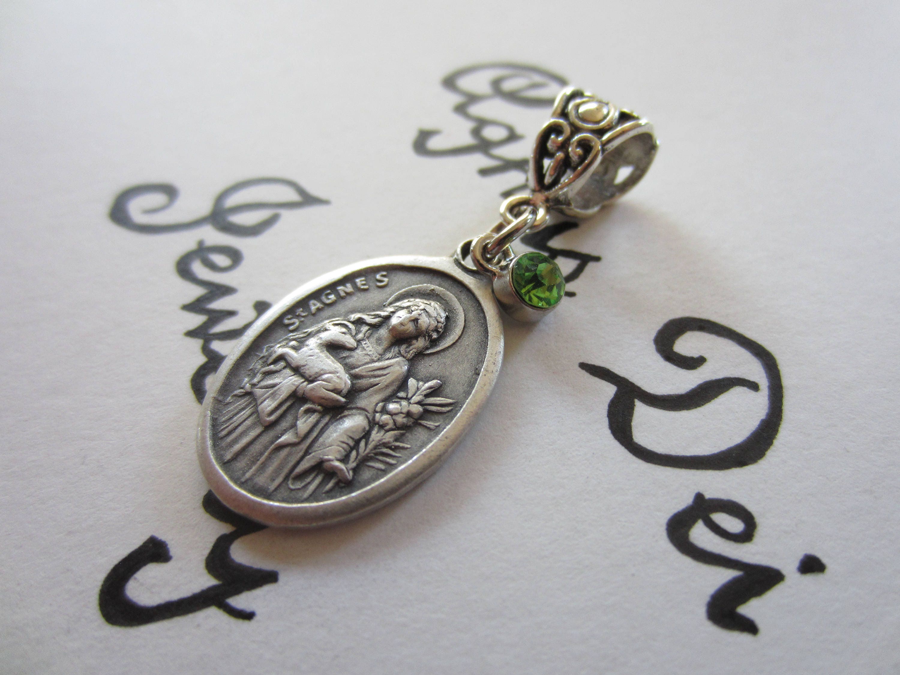 St Agnes Medal & Lt Green Glass Charm Pendant Patron Girls | Etsy