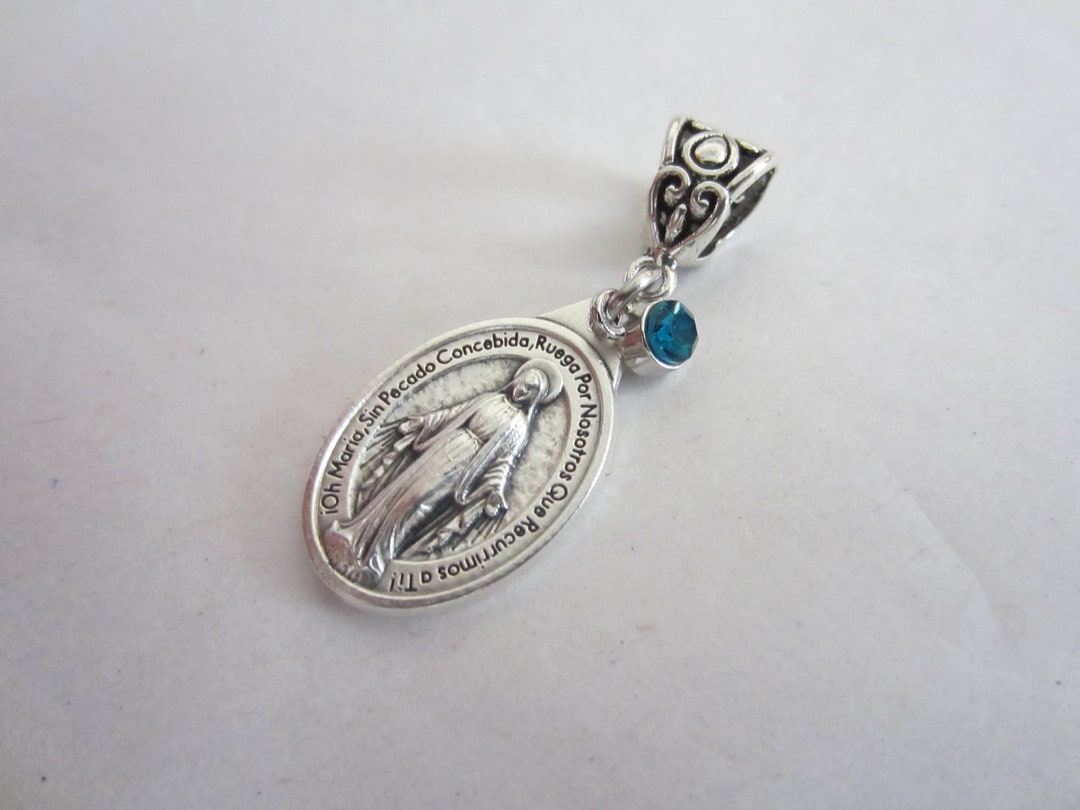 SPANISH Miraculous Medal & Turq Glass Charm Pendant, Catholic ...