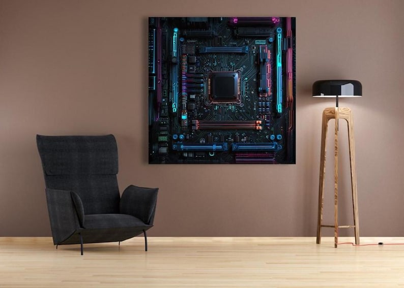 Futuristic Motherboard Canvas Print, Cyberpunk Neon Decor, Gift for ...