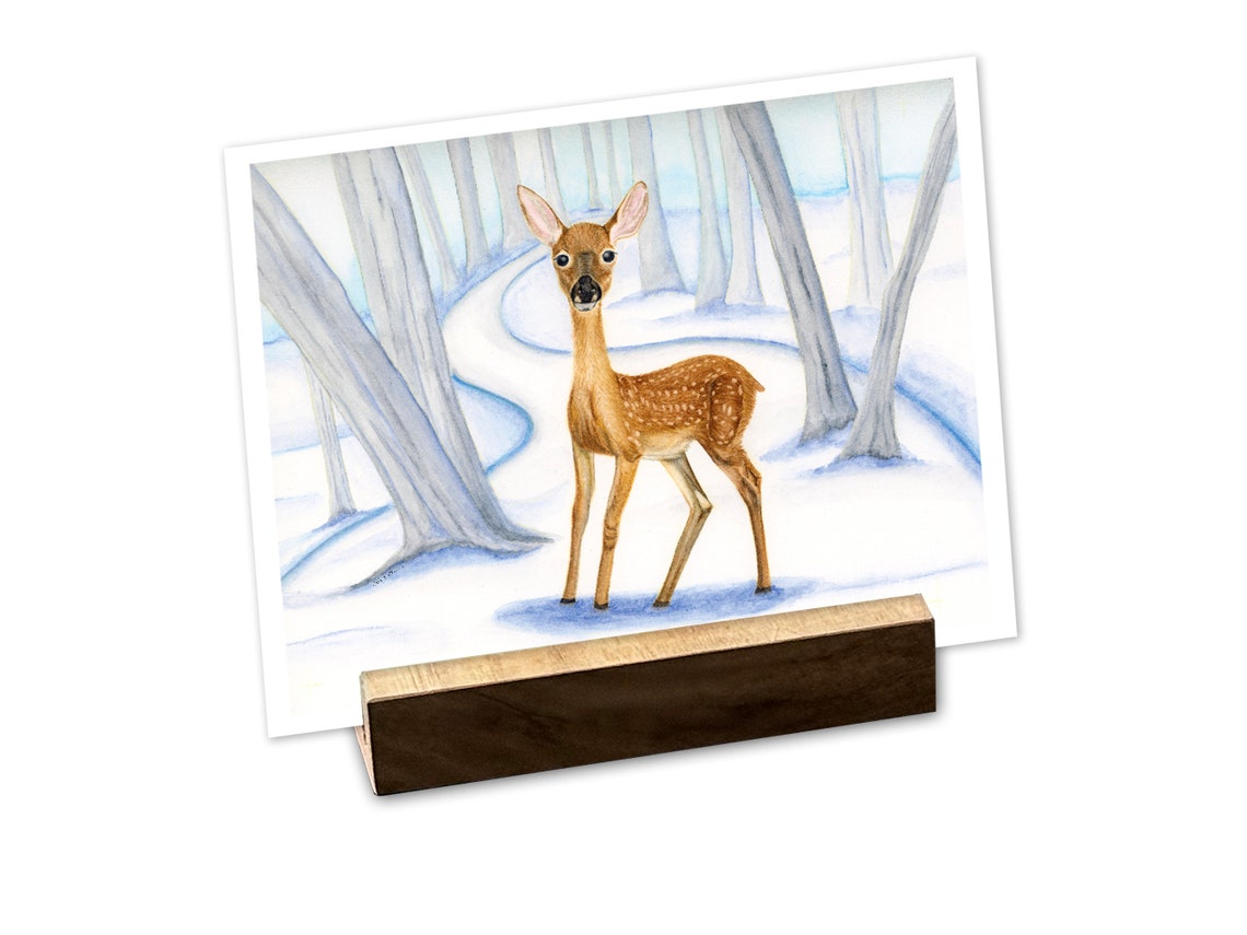 Fawn Watercolor Print With Walnut Display Stand - Winter Woodland Art ...