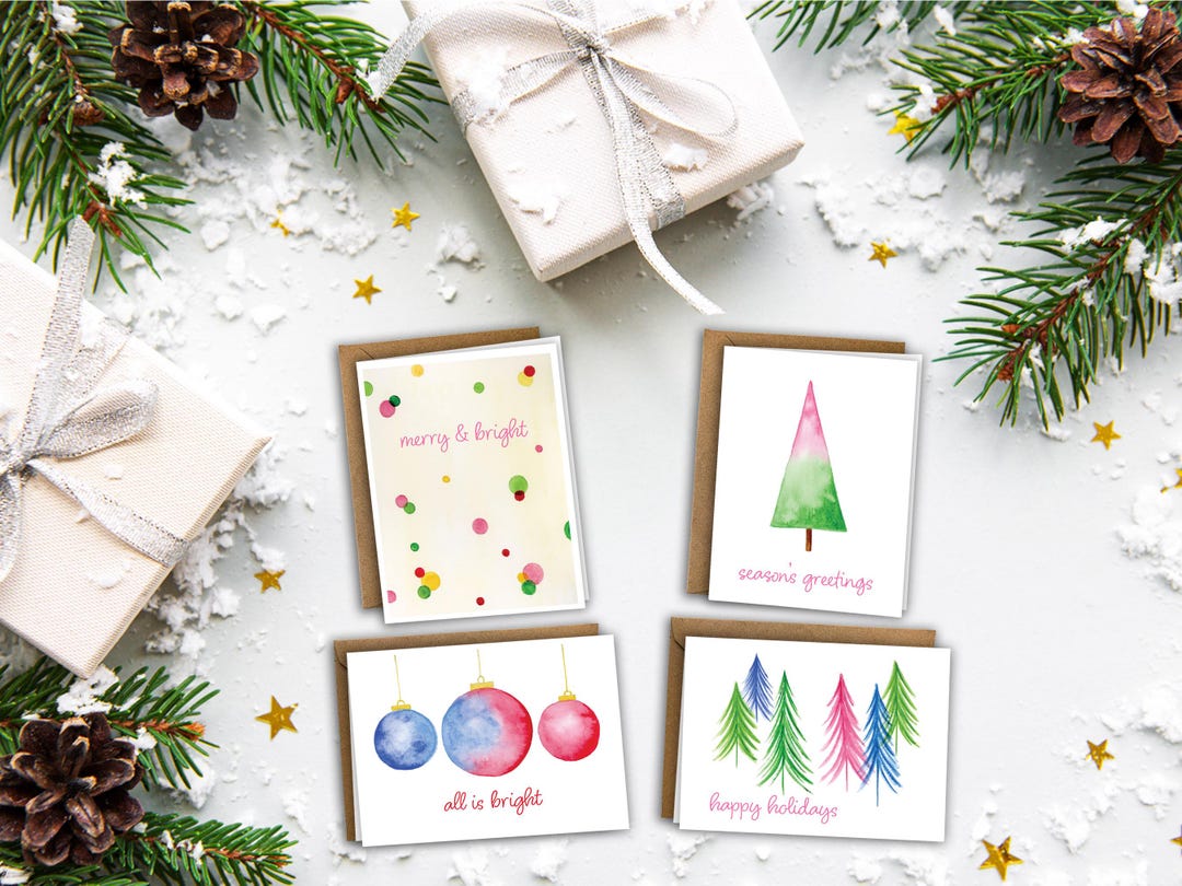 Holiday Bright Christmas Watercolor Greeting Card Set With Kraft ...