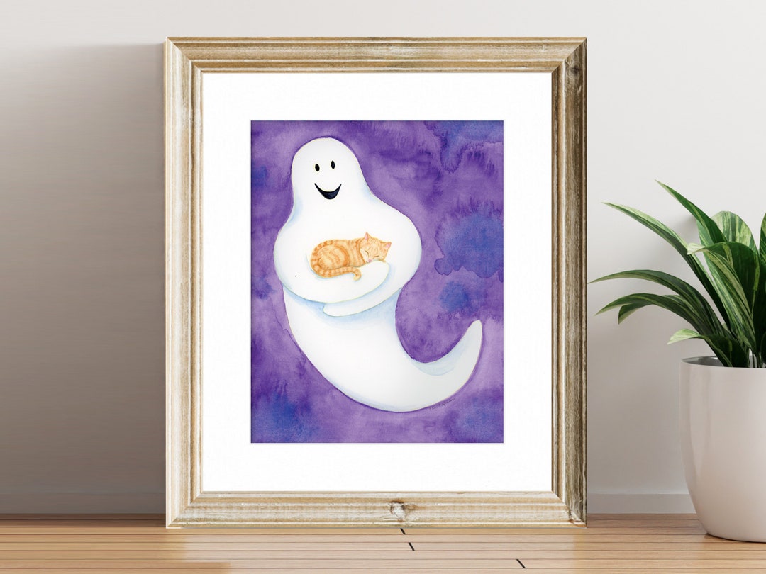 Halloween Ghost With Cat Art Print: Watercolor Fall Decor - Etsy