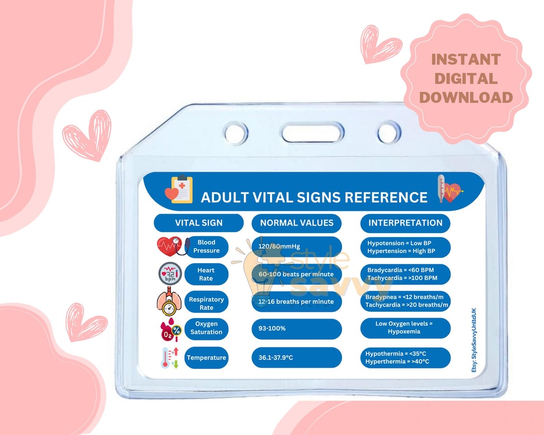 Adult Vital Signs Reference (normal) ID Insert Badge Buddy Horizontal ...