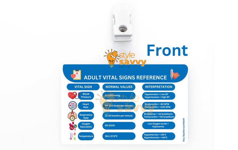 Adult Vital Signs Reference (normal) ID Insert Badge Buddy Horizontal ...